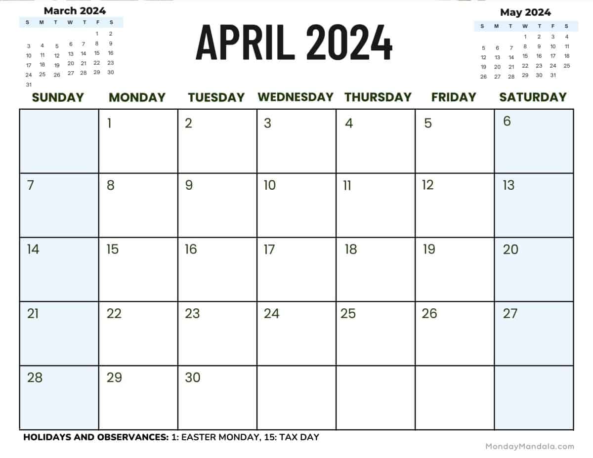 April 2024 Calendars (52 Free PDF Printables)