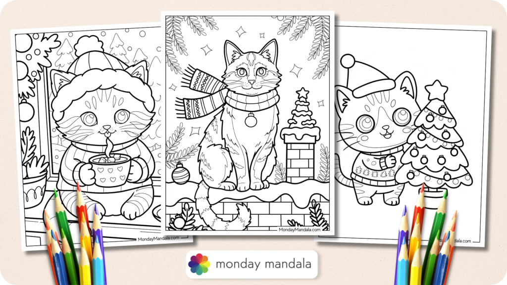 20 Christmas Cat Coloring Pages (Free PDF Printables)
