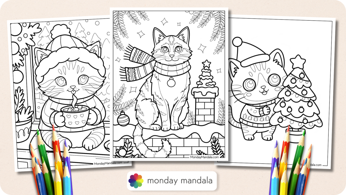 20 Christmas Cat Coloring Pages (Free PDF Printables)