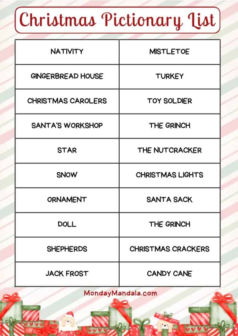 Christmas Pictionary Lists Free PDF Printables 