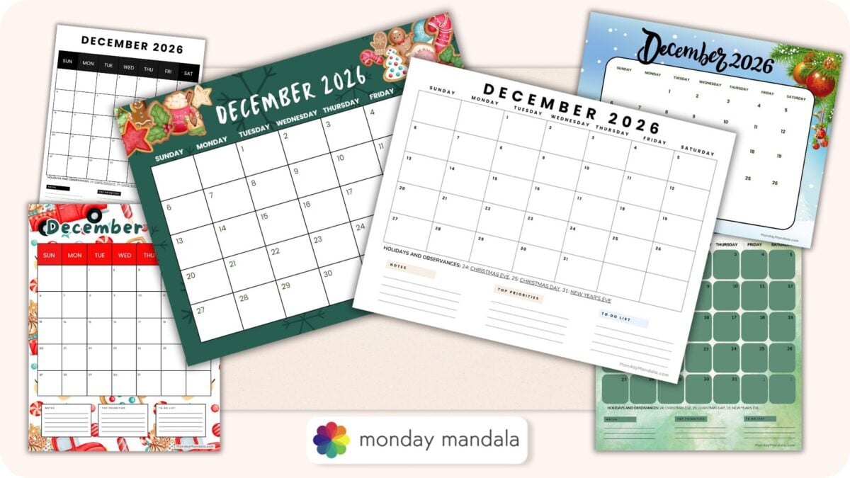 December 2026 Calendars (52 Free PDF Printables)
