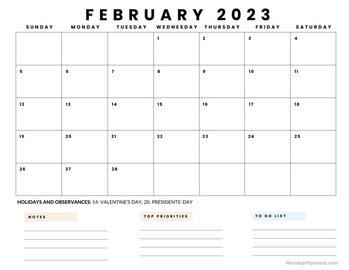 February 2023 Calendar (52 Free PDF Printables)