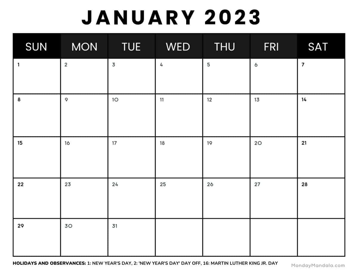 January 2023 Calendar (52 Free PDF Printables)