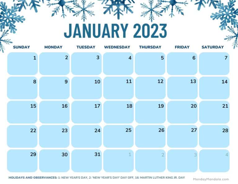 January 2023 Calendar (52 Free PDF Printables)
