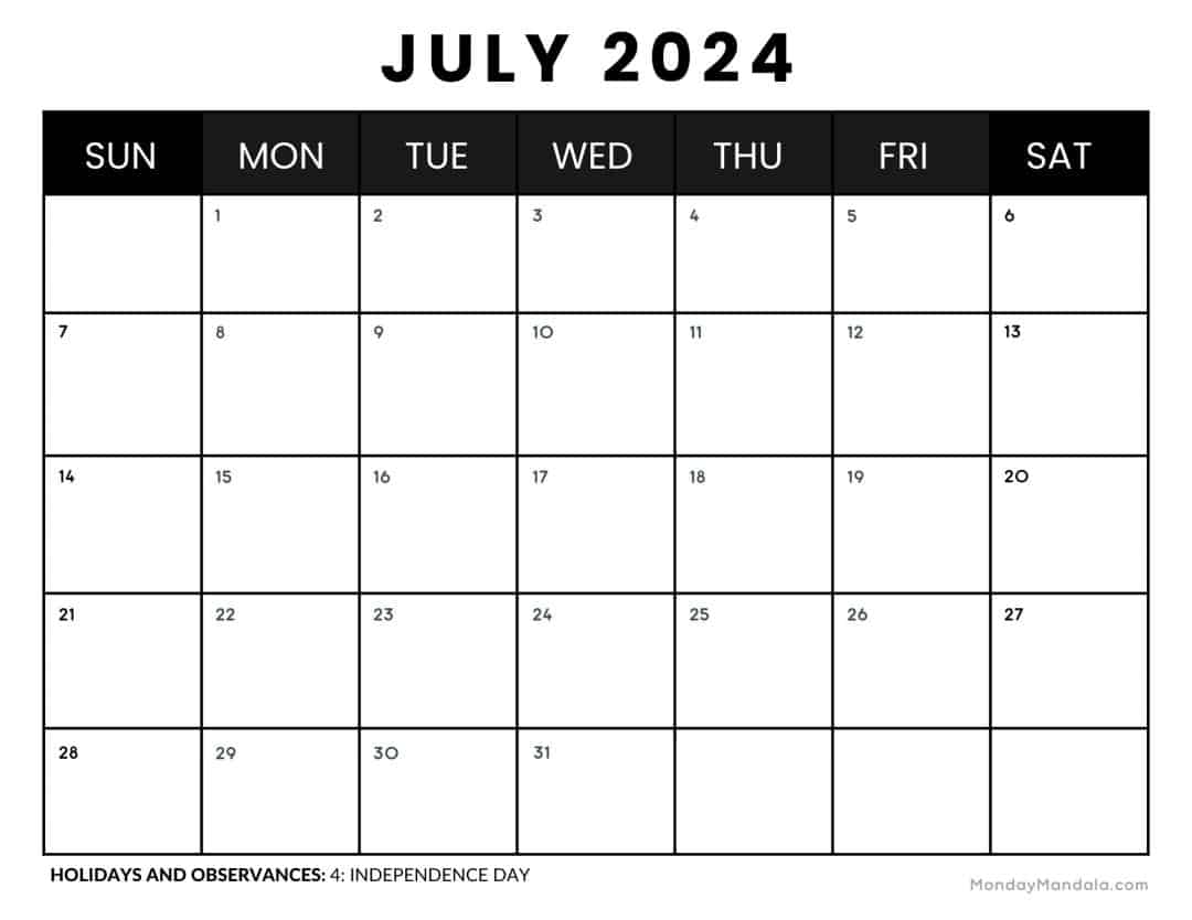 July 2024 Calendars (52 Free PDF Printables)