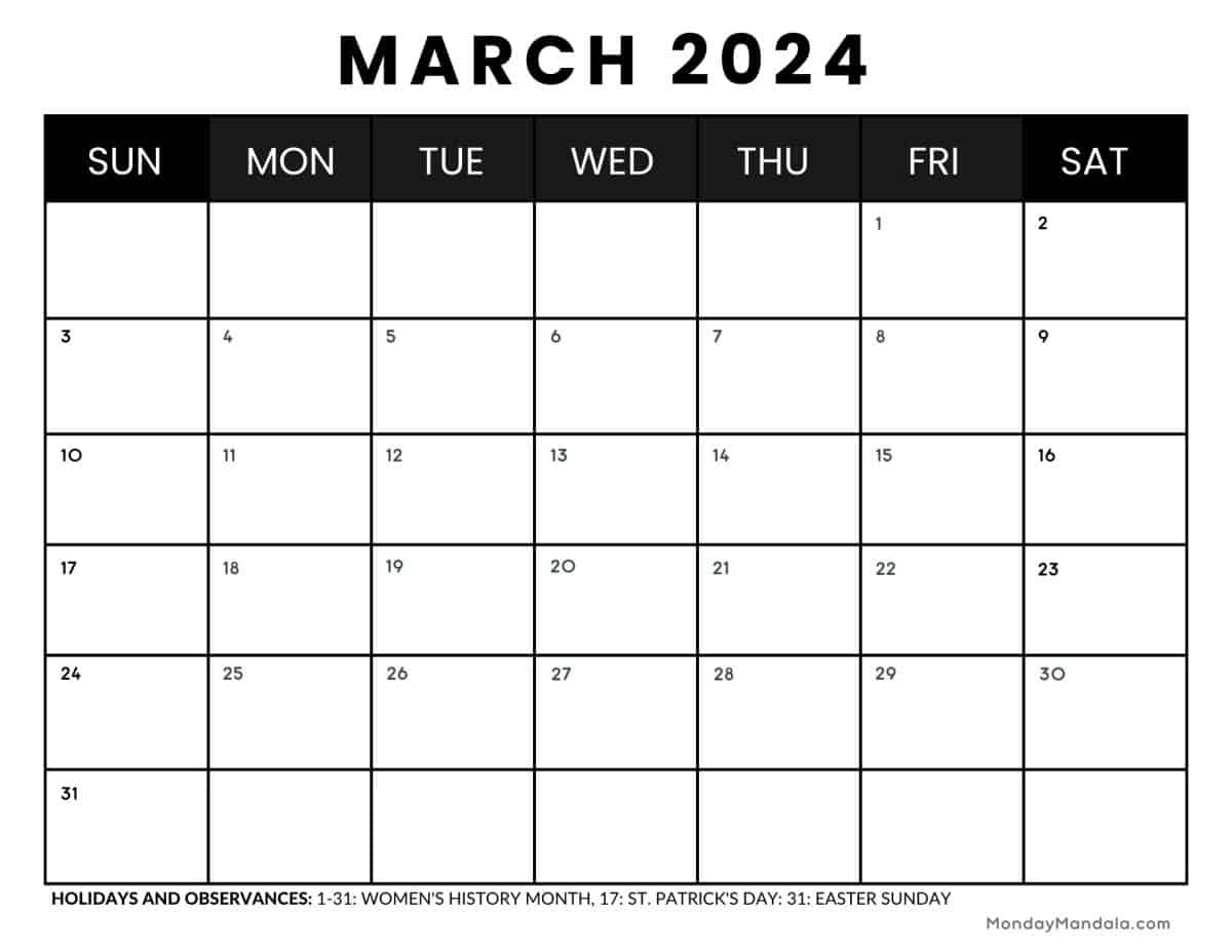 52 March 2024 Calendars (Free PDF Printables)
