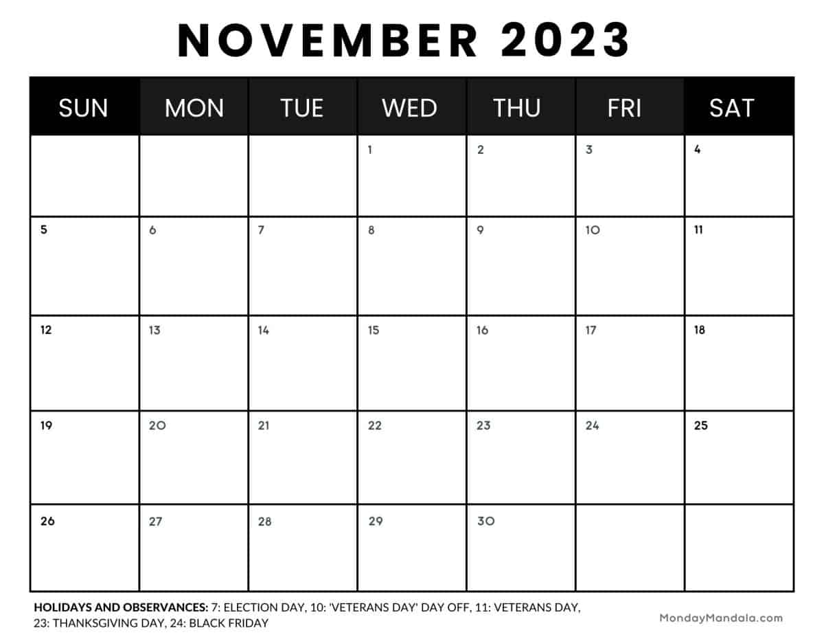 November 2023 Calendar (52 Free PDF Printables)
