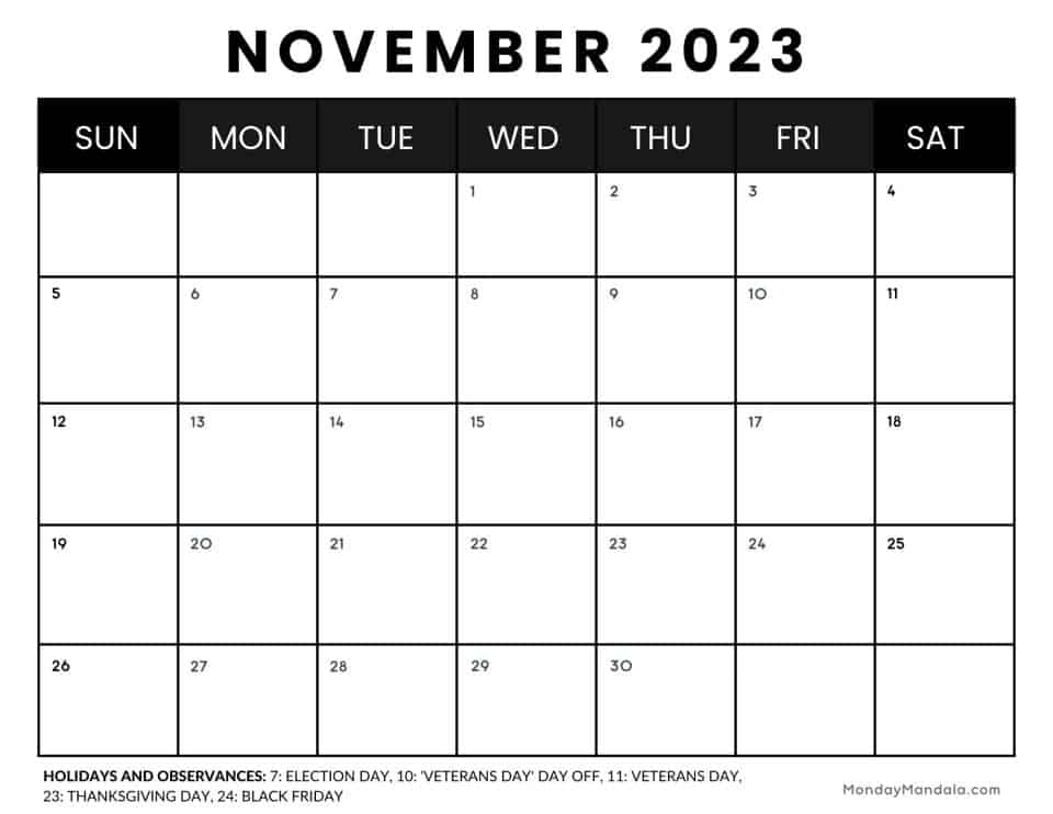 November 2023 Calendar (52 Free PDF Printables)