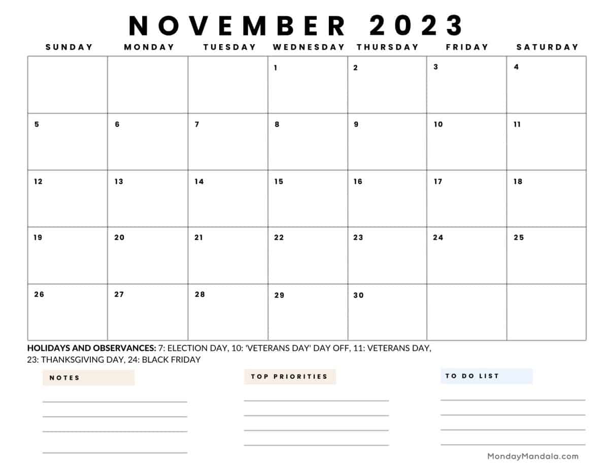 November 2023 Calendar (52 Free PDF Printables)