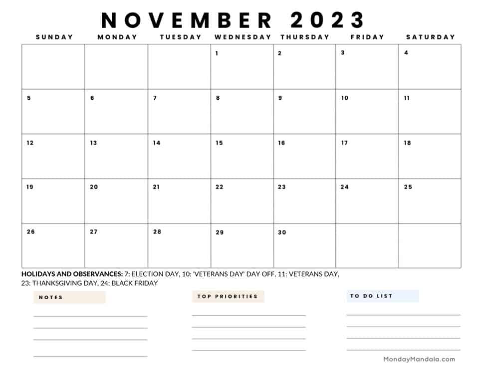 November 2023 Calendar (52 Free PDF Printables)