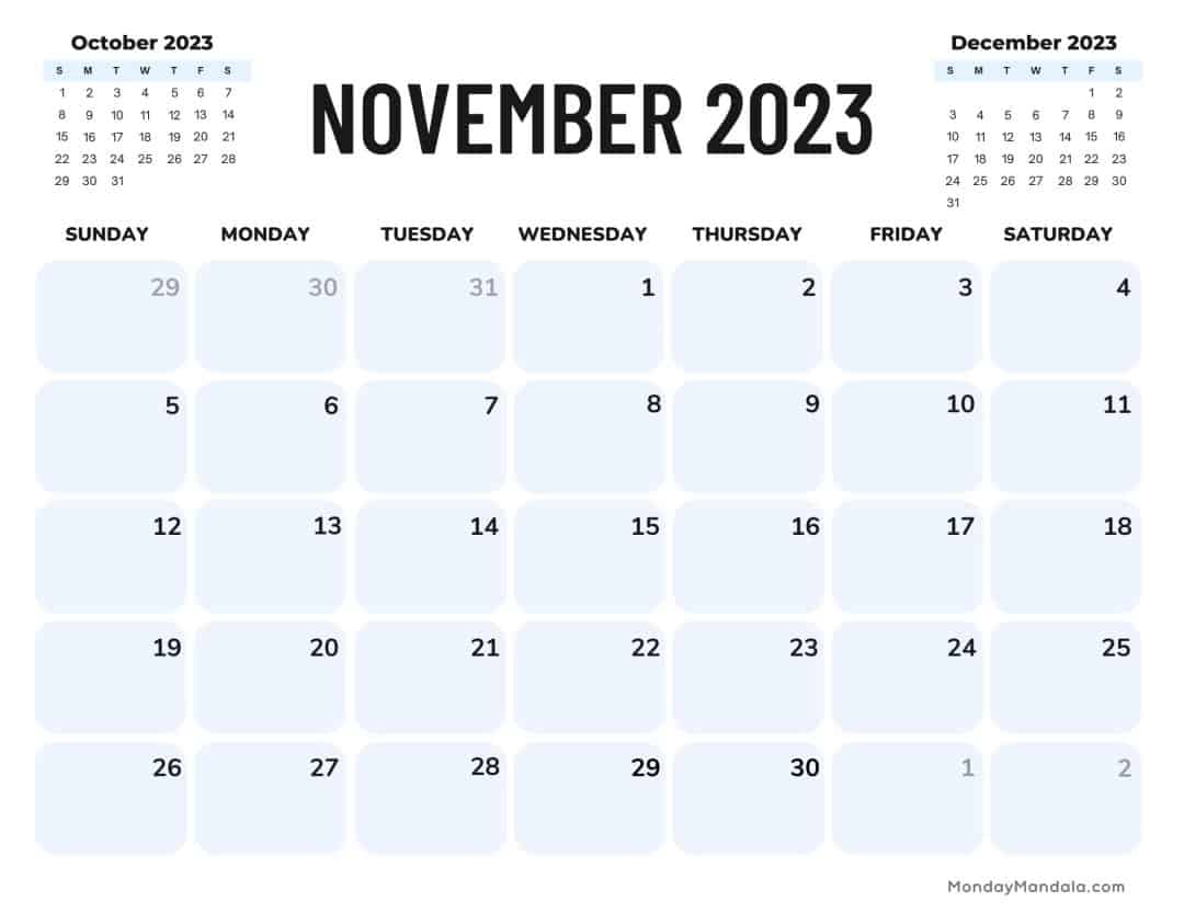 November 2023 Calendar (52 Free PDF Printables)