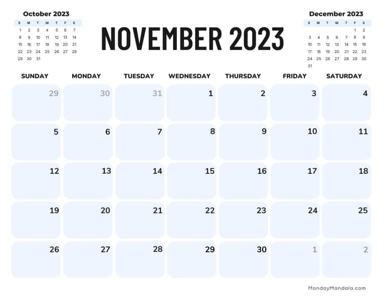 November 2023 Calendar (52 Free PDF Printables)