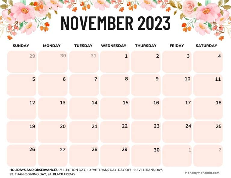 November 2023 Calendar (52 Free PDF Printables)