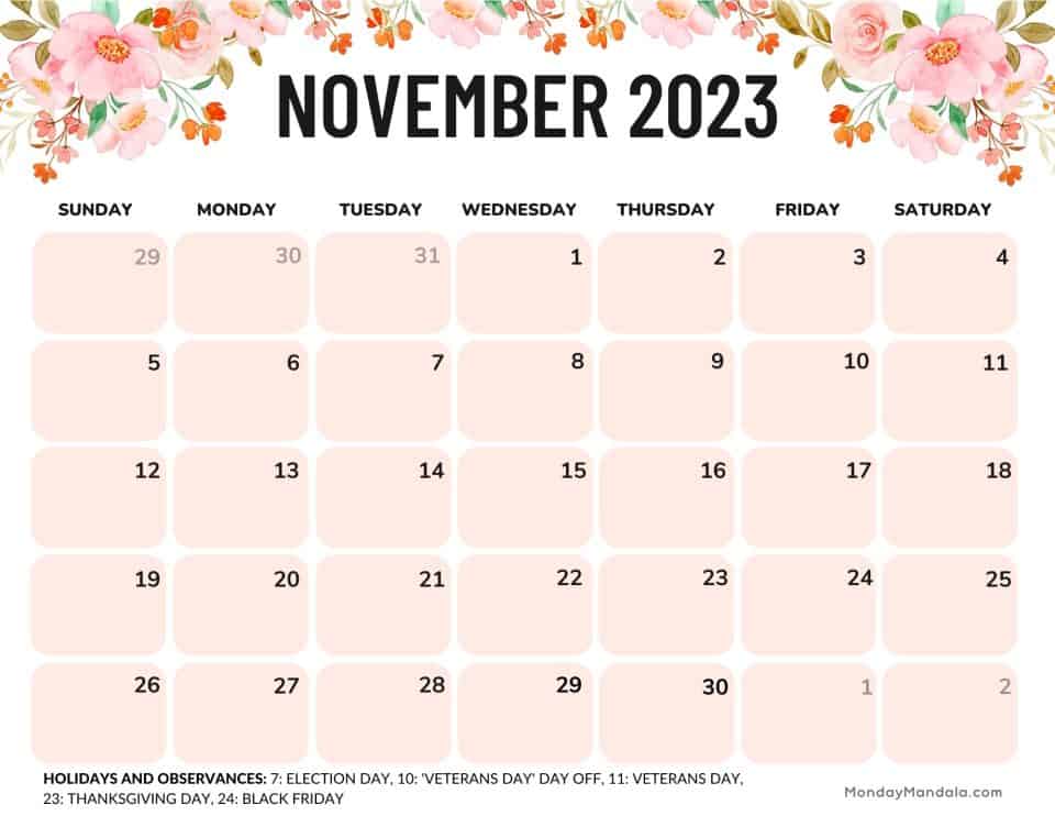 November 2023 Calendar (52 Free PDF Printables)