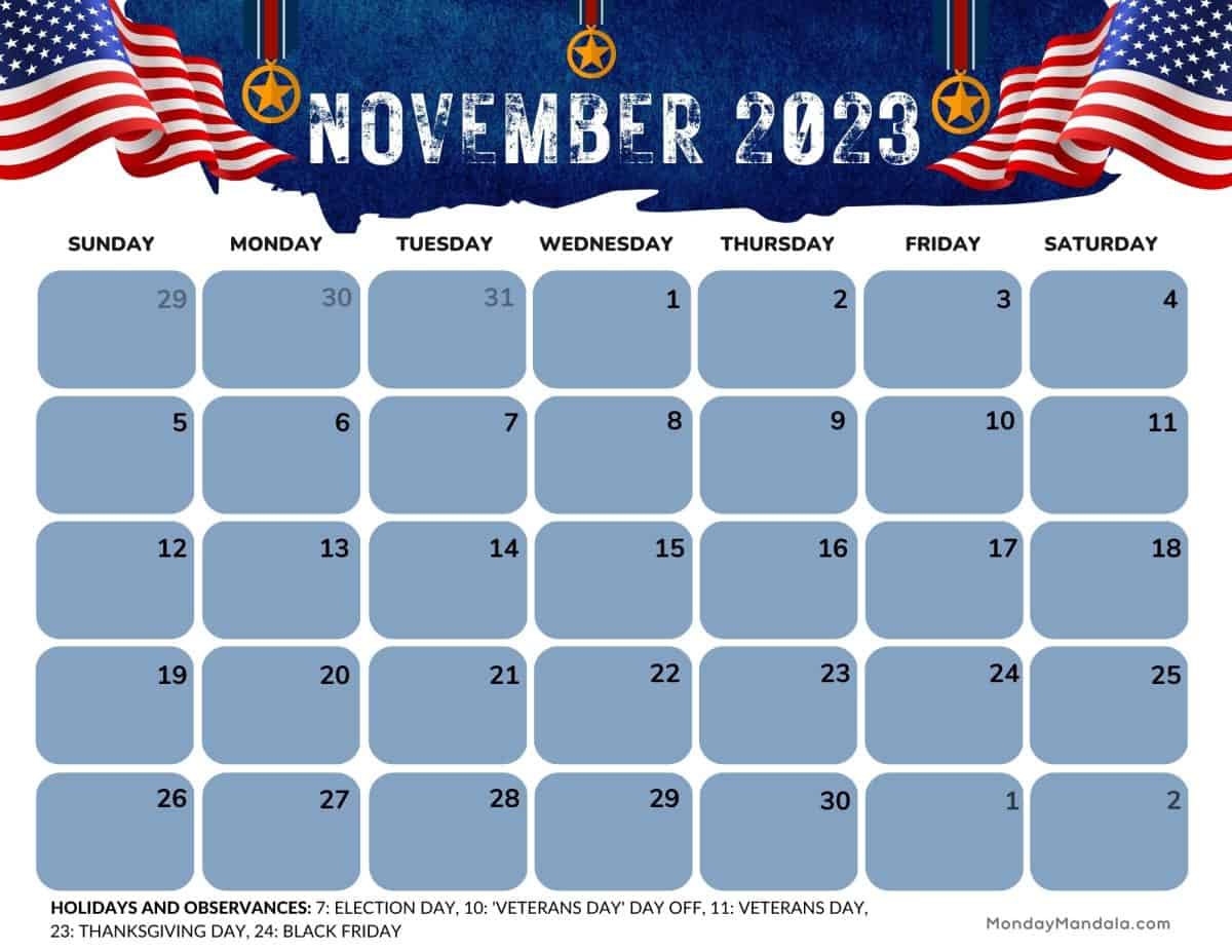 November 2023 Calendar (52 Free PDF Printables)