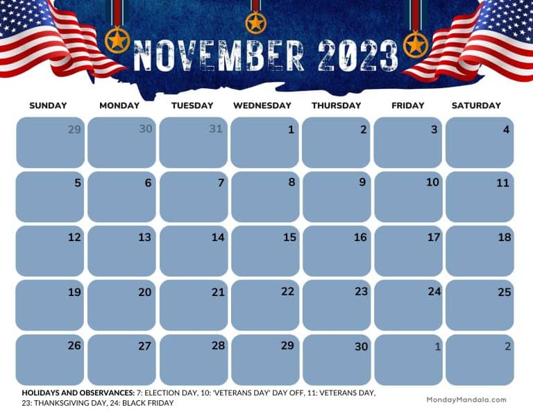 November 2023 Calendar (52 Free PDF Printables)