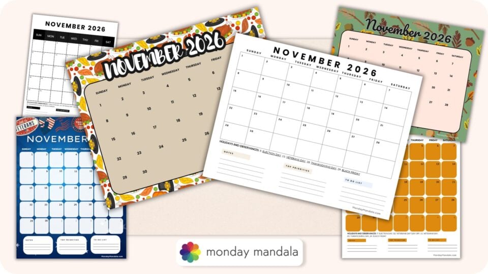 November 2026 Calendars (52 Free Printable PDFs)