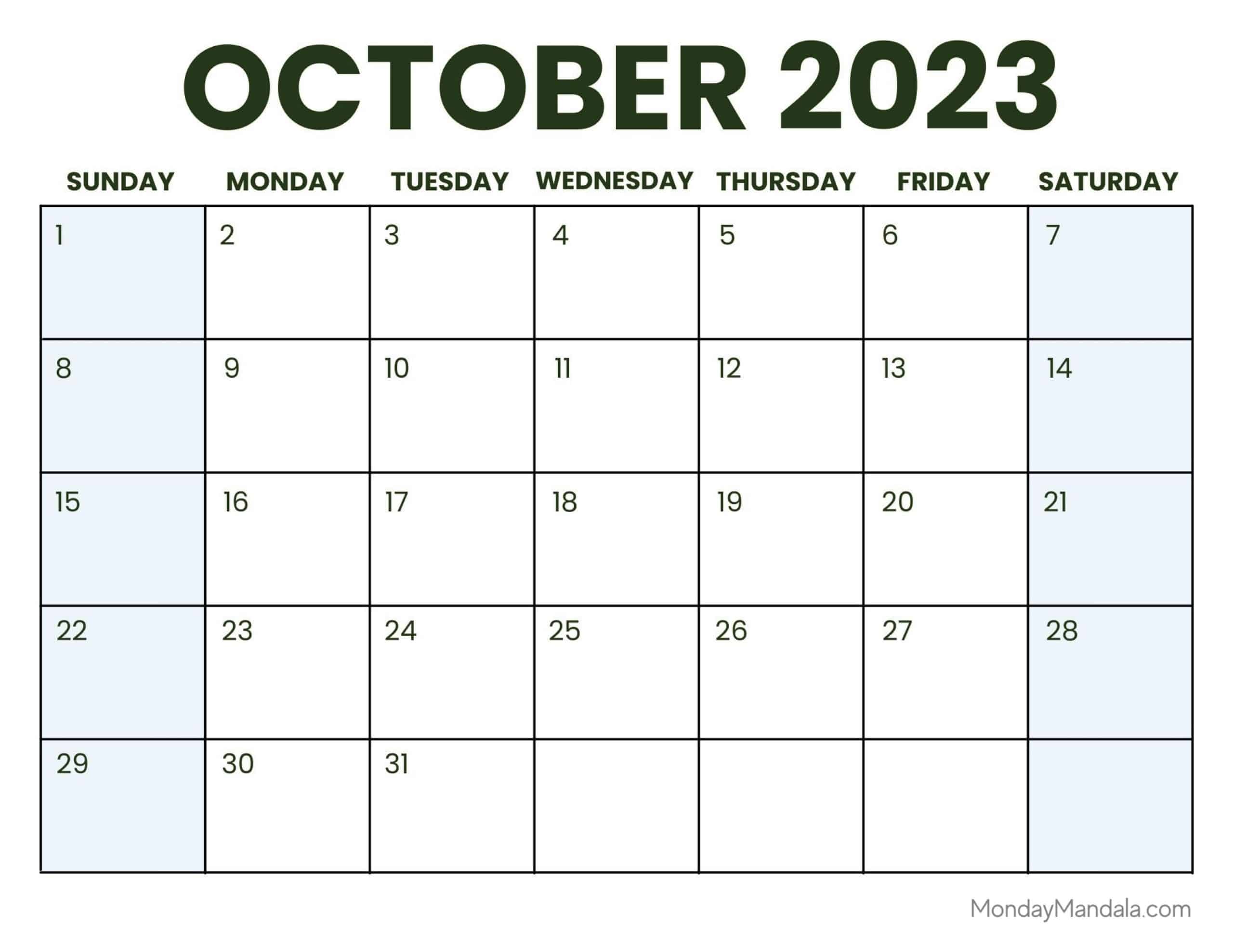October 2023 Calendar (52 Free PDF Printables)