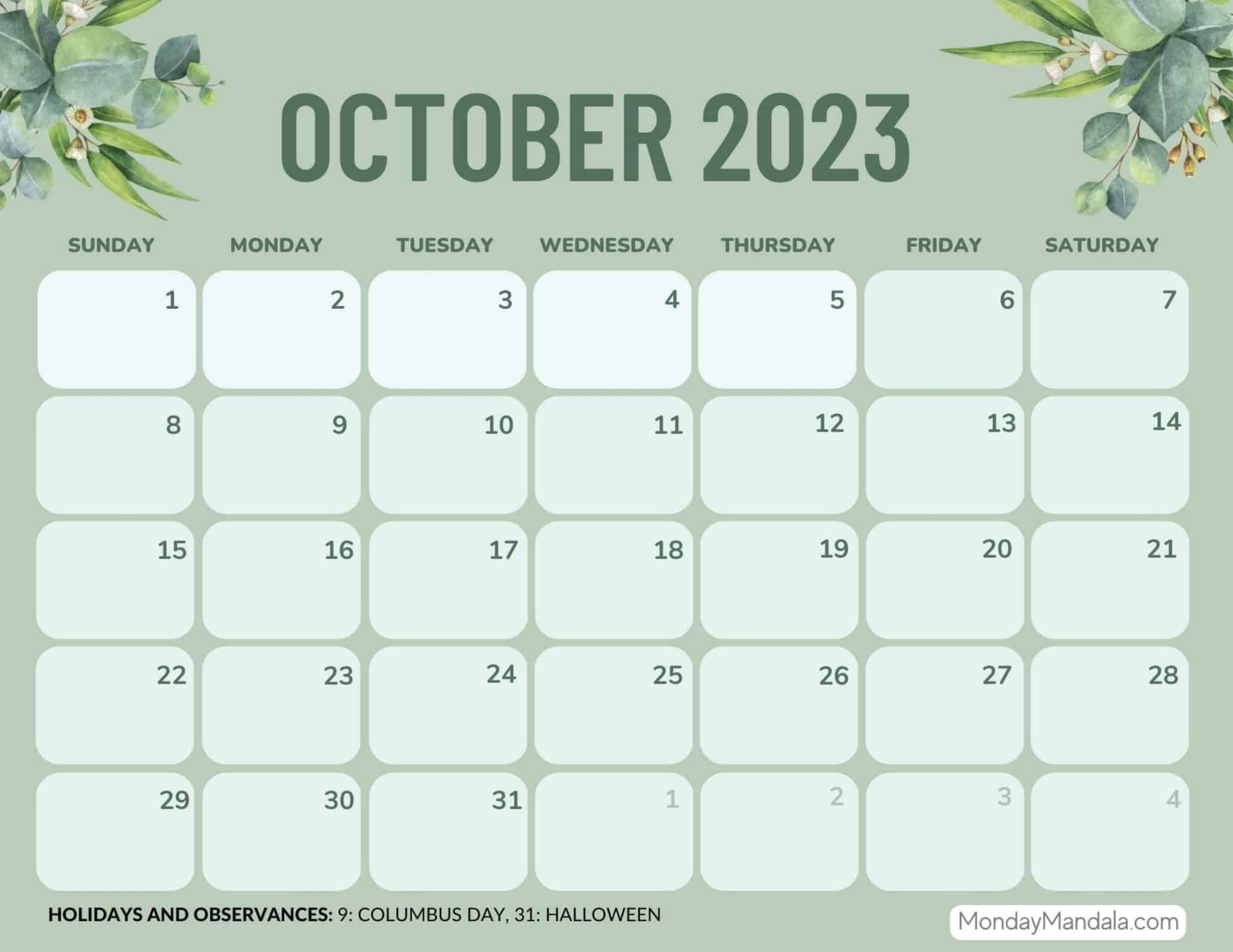 October 2023 Calendar (52 Free PDF Printables)