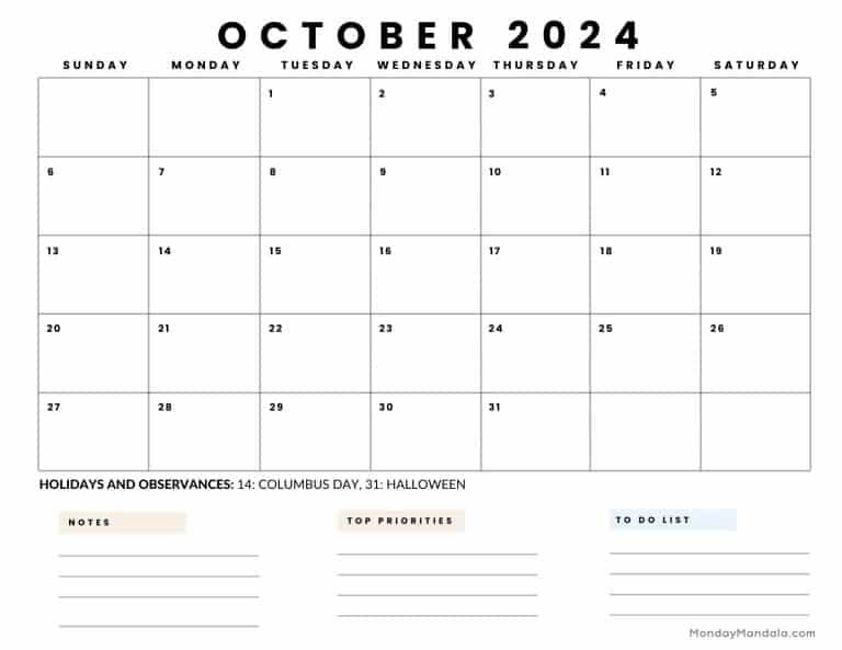 October 2024 Calendars (52 Free PDF Printables)