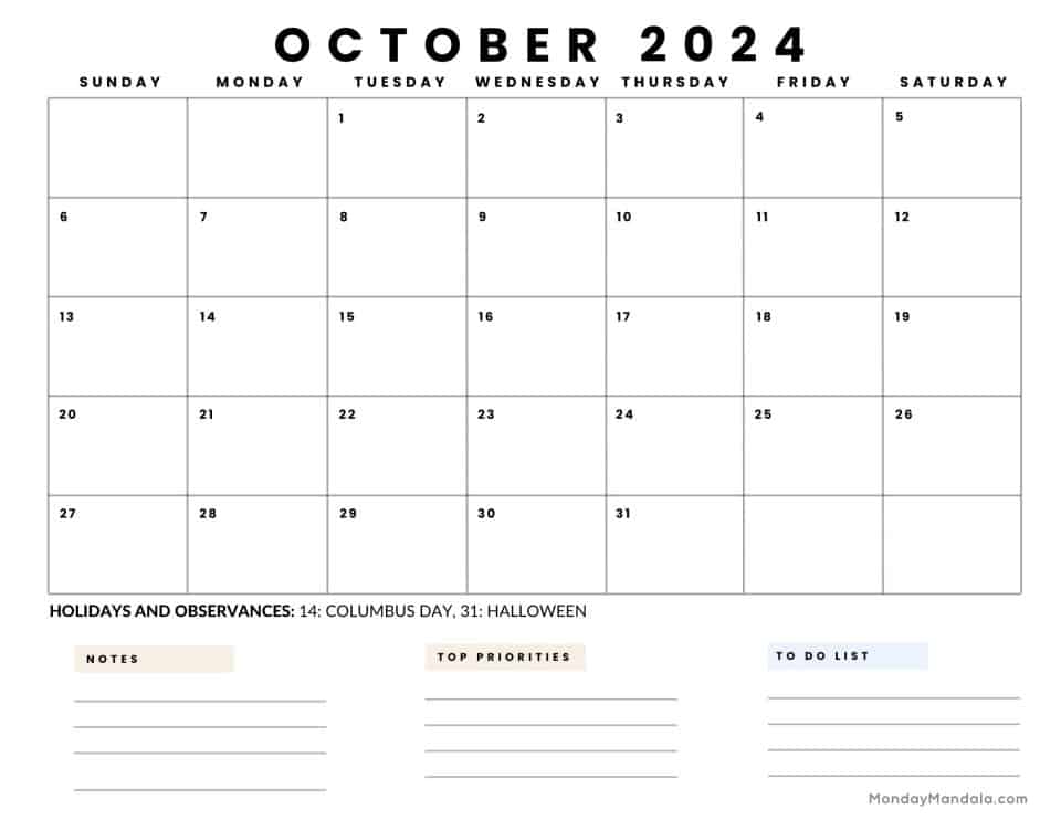October 2024 Calendars (52 Free PDF Printables)